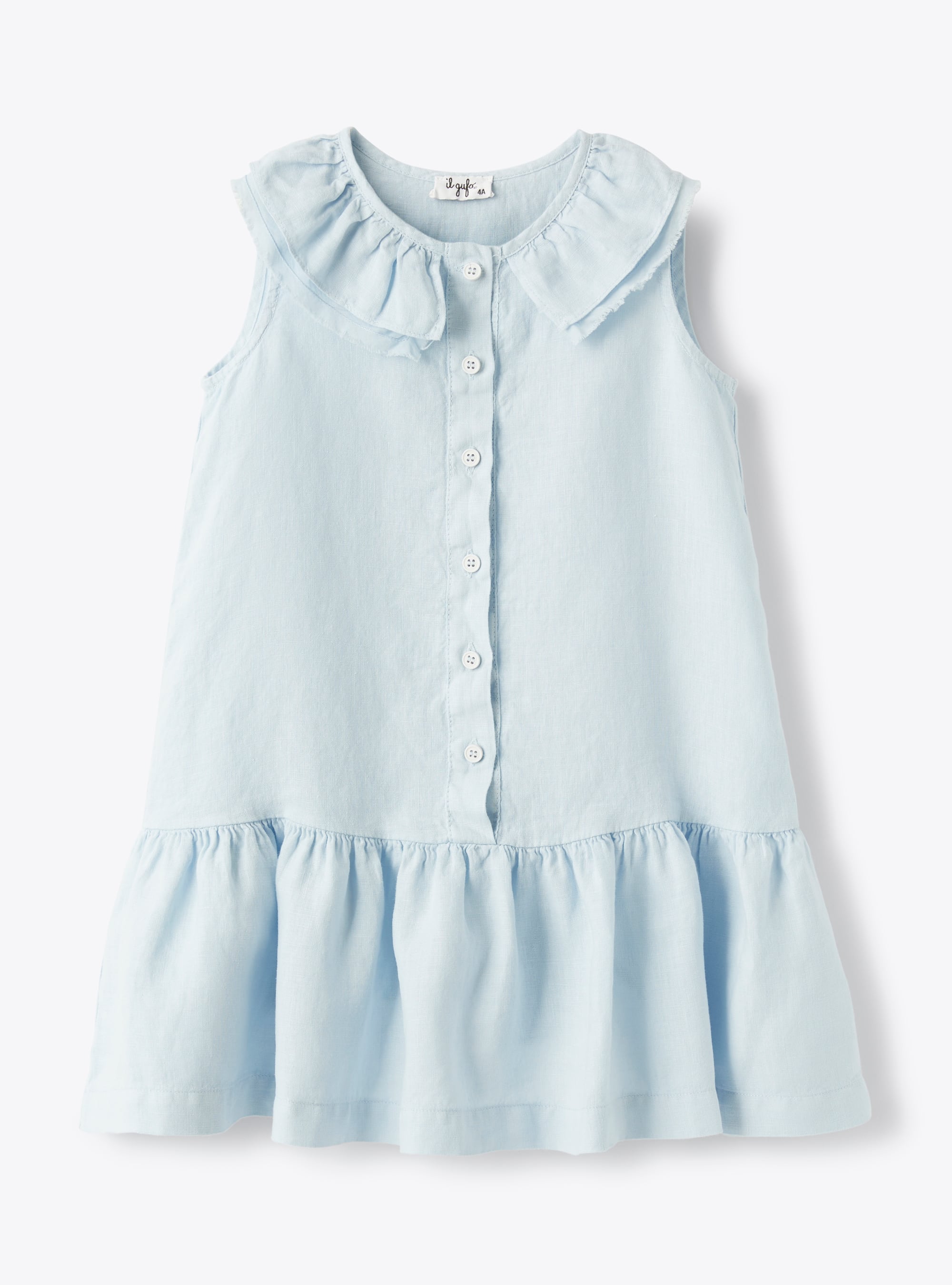 Cornflower-blue linen dress with ruffle around neck | Il Gufo